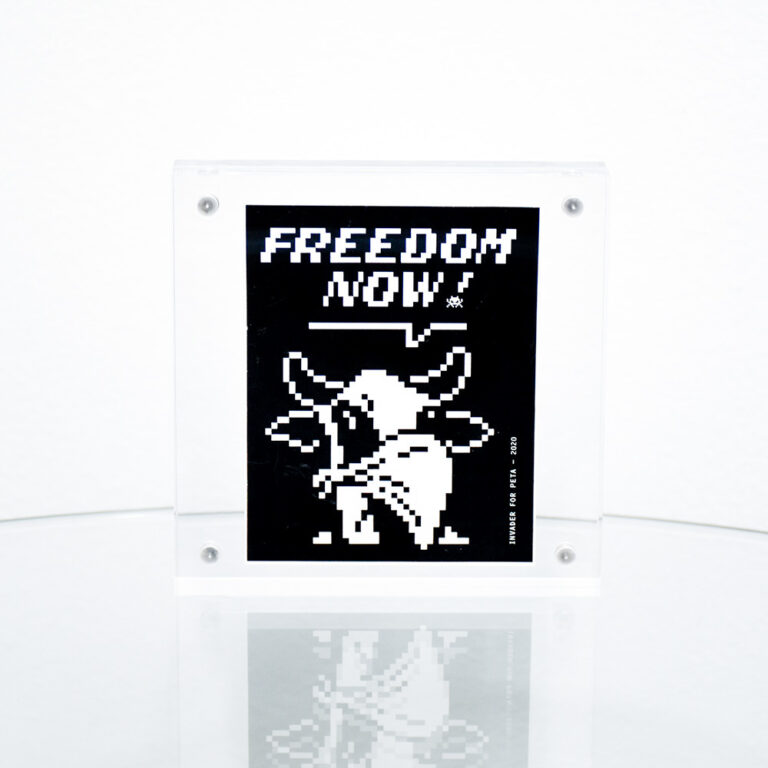 Invader x PETA Freedom Now Sticker (Framed) • Silverback Gallery